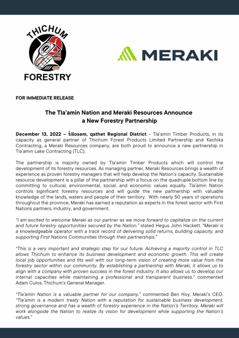 Meraki Resources Announces New Forestry Partnership with Tla'amin First ...